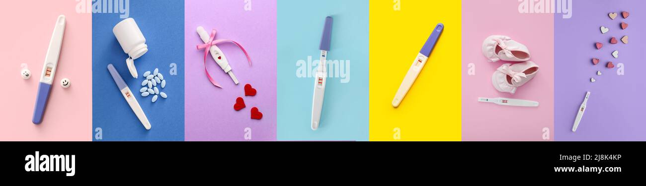 Collage with pregnancy tests on colorful background Stock Photo - Alamy