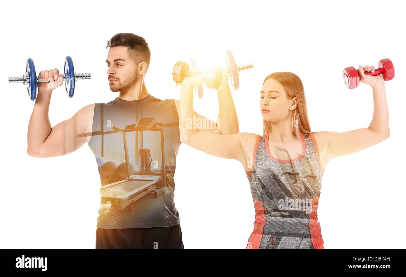 Double exposure of sporty young couple training with dumbbells and ...