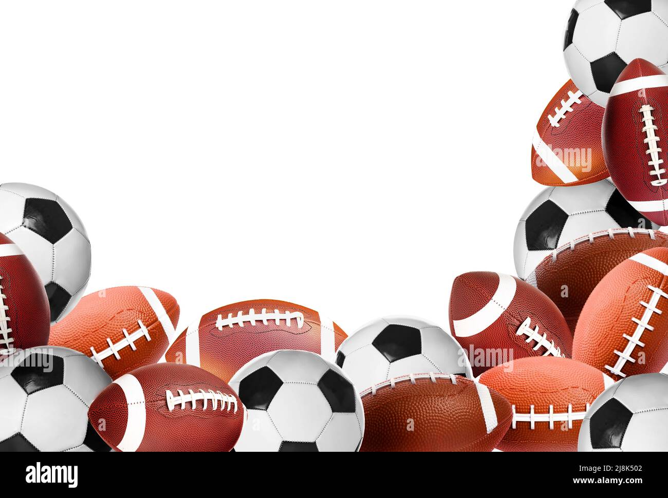 Many balls for playing American football and soccer on white background ...