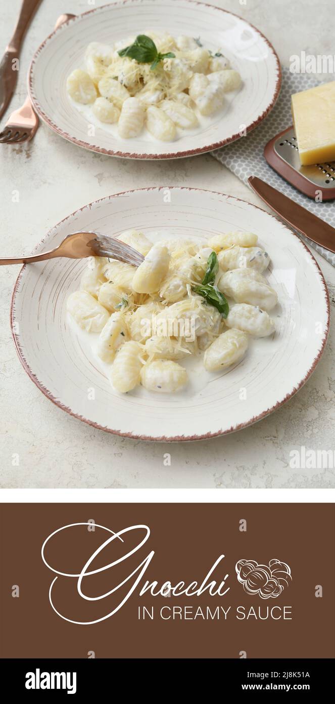 Plates with tasty gnocchi and creamy sauce on light background Stock ...