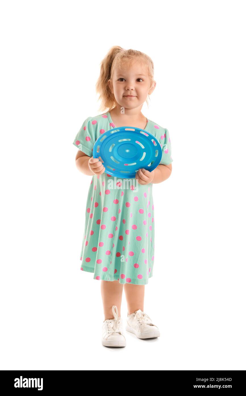 Cute little girl playing frisbee on white background Stock Photo - Alamy