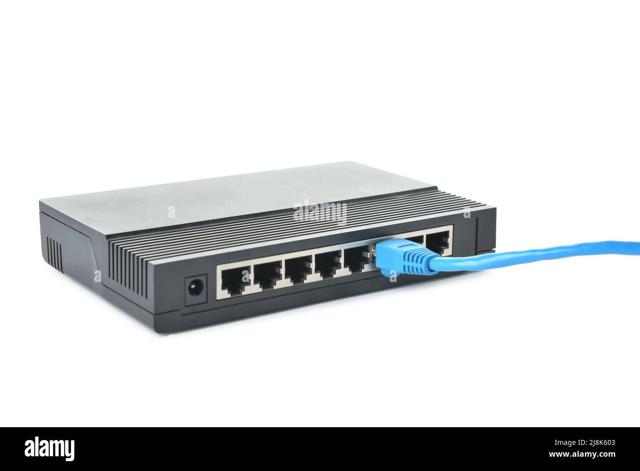 Modern wi-fi router and internet cable isolated on white background ...