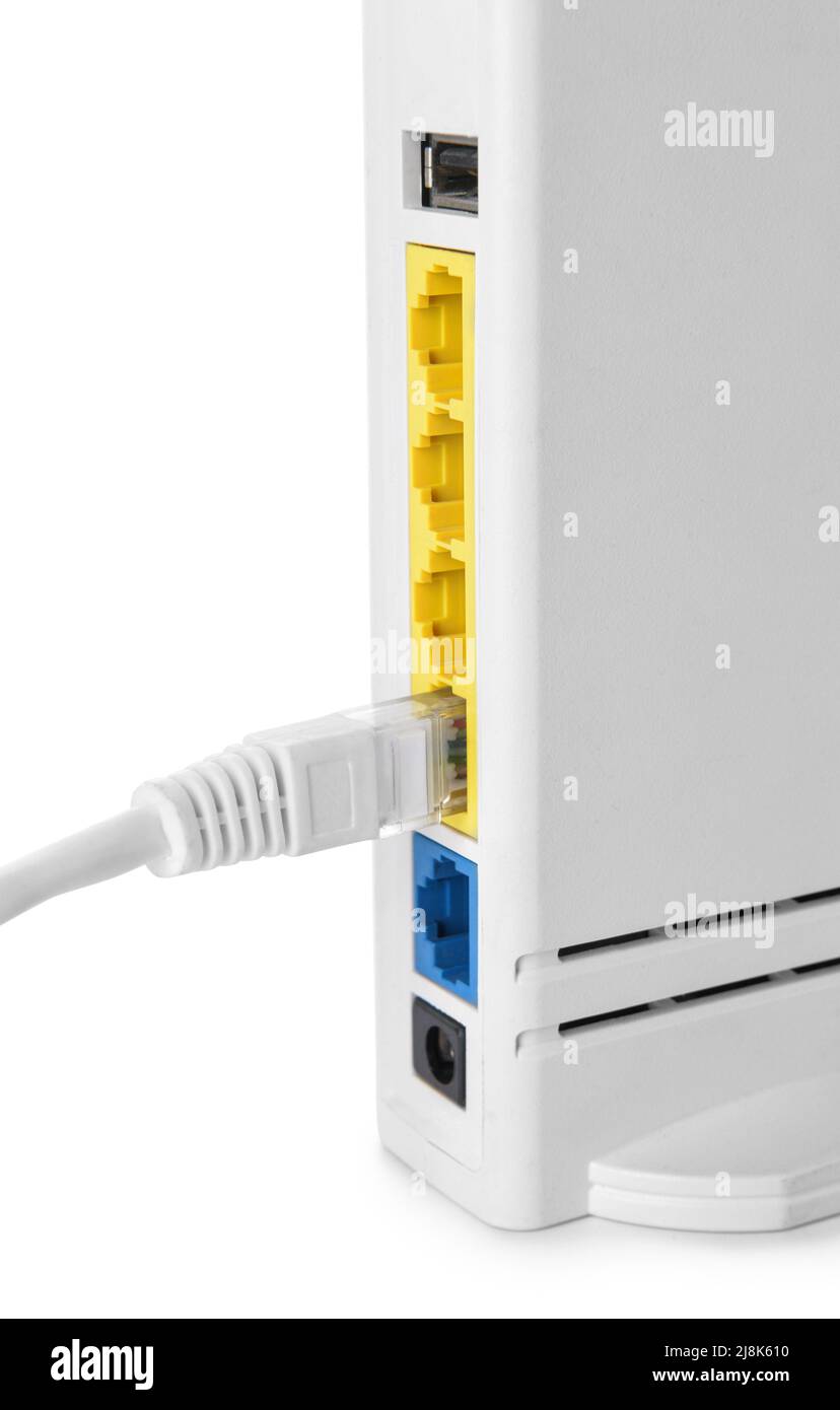 Modern wi-fi router and internet cable isolated on white background ...