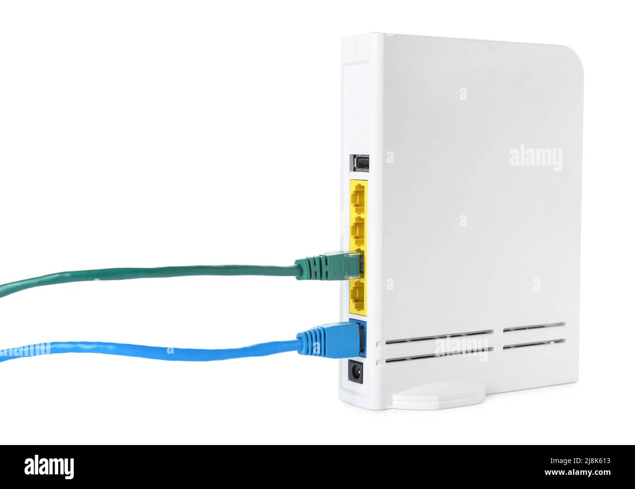 Modern wi-fi router and internet cables isolated on white background ...