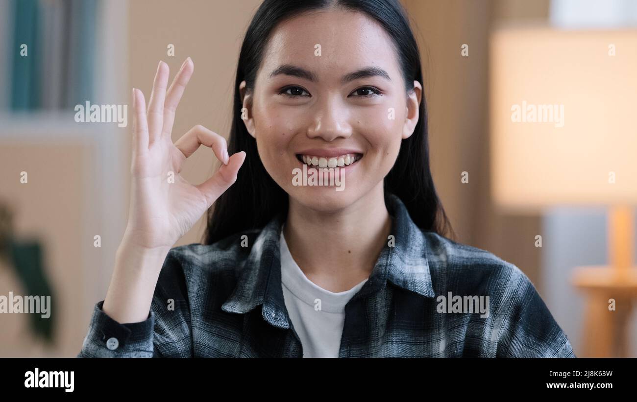 Female portrait happy recommending smiling winner asian woman girl showing ok gesture everything ...
