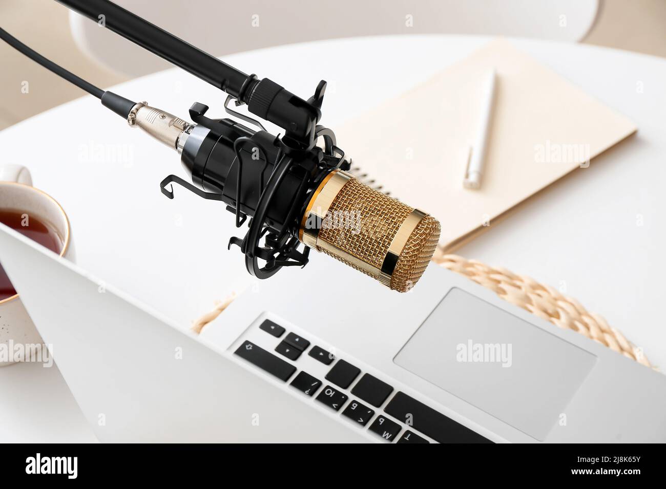 Stand with professional microphone and laptop on light table in room ...