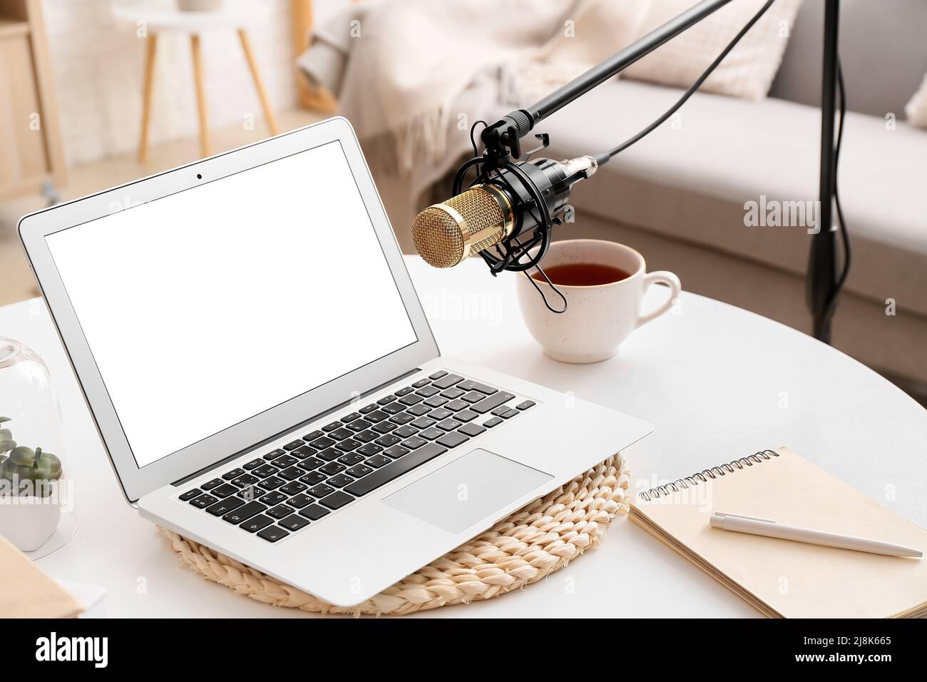Stand with professional microphone, modern laptop and cup on table in ...