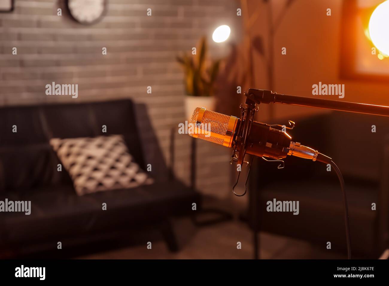 Stand with modern professional microphone in room at night Stock Photo ...