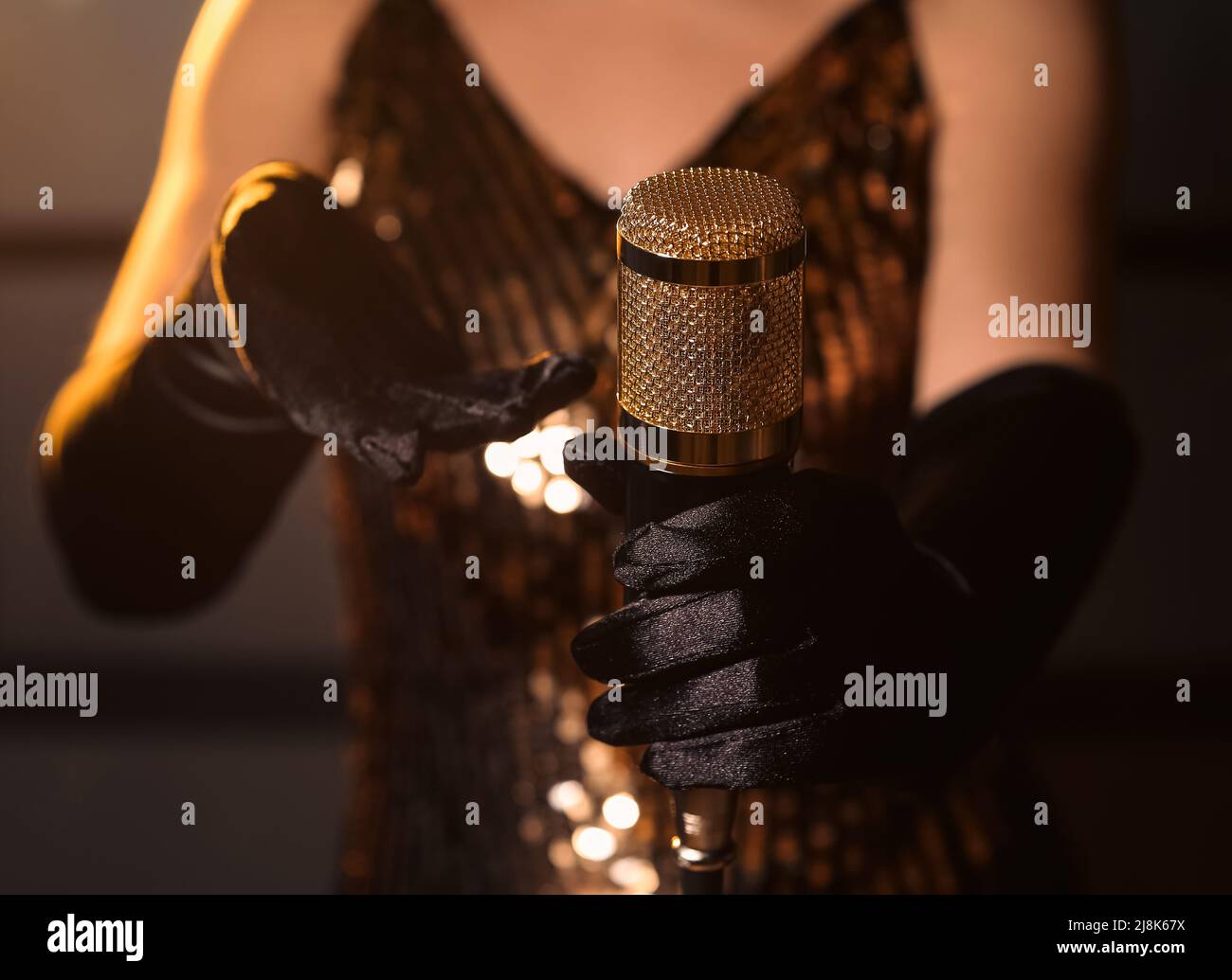 Female singer holding professional microphone, closeup Stock Photo - Alamy