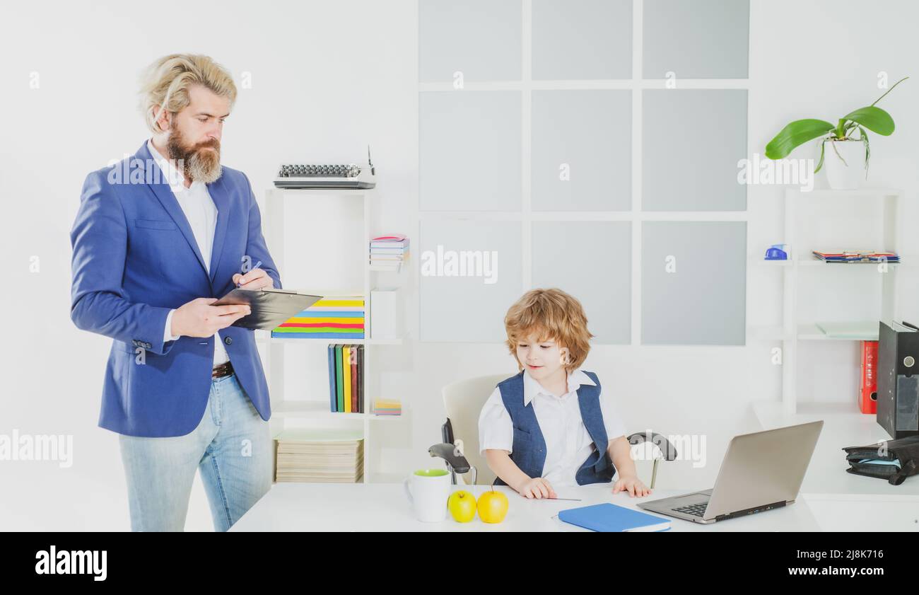 Marketing team meeting brainstorming research. Cute kid sitting in ...