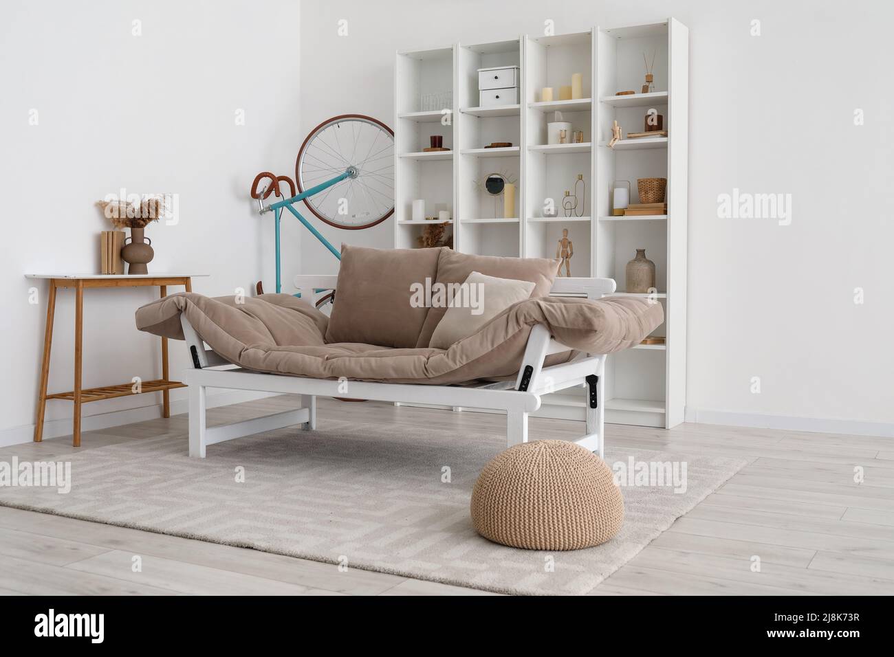 Interior of modern living room with bicycle, couch and shelving unit ...