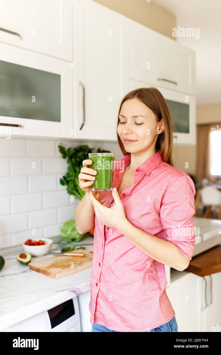 Healthy Meal Happy Beautiful Smiling Woman Drinking Green Detox