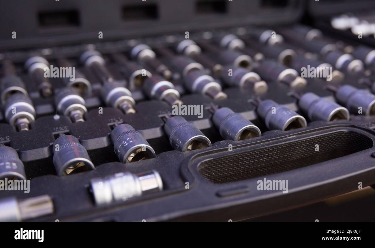 Sockets heads and other tools in the toolkit Stock Photo - Alamy
