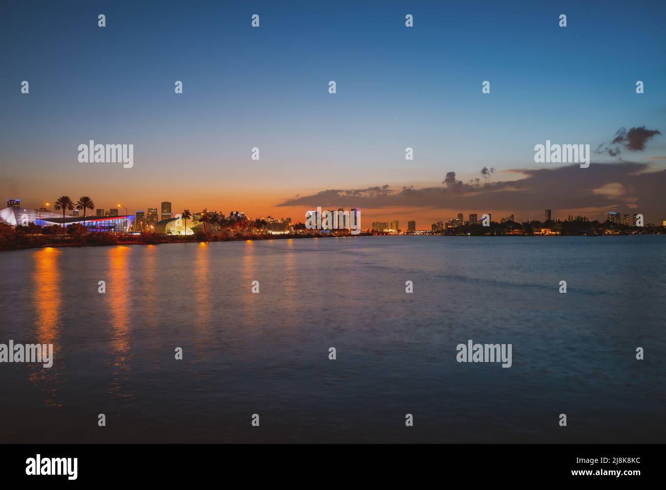 Miami, Florida cityscape skyline on Biscayne Bay. Panorama at dusk with ...