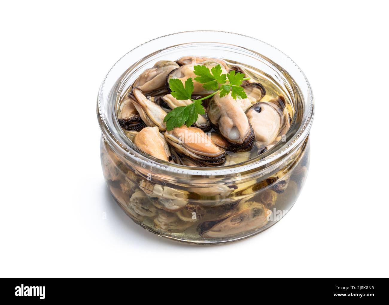 Marinated mussels in glass jar isolated on white Stock Photo - Alamy