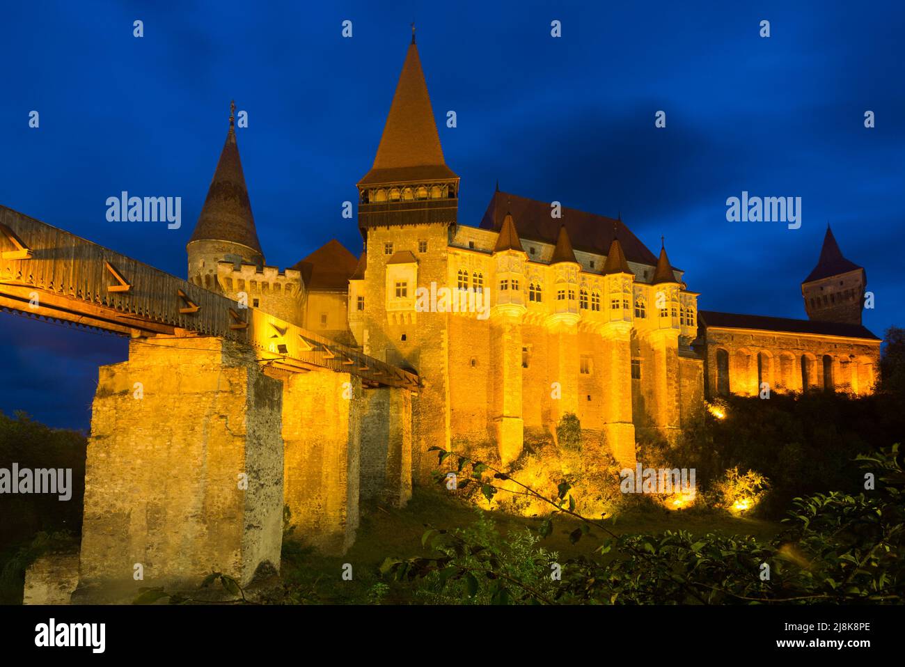 Night landscape with illuminated Corvin Castle, Romania Stock Photo - Alamy