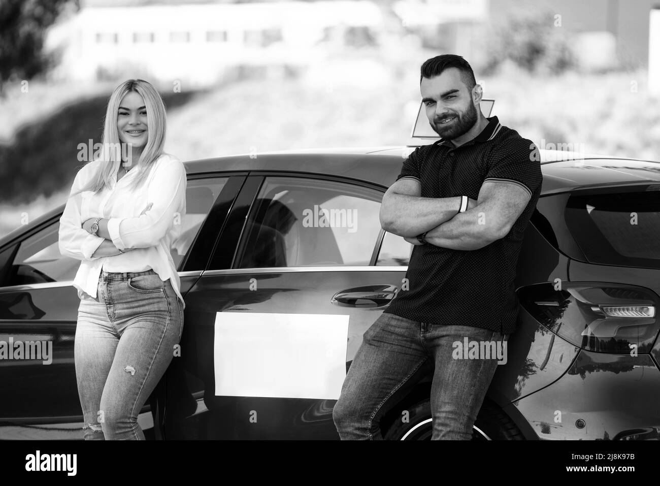 Driving Instructor and Female Student in Examination Car Testing ...