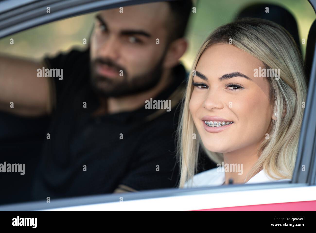 Driving Instructor and Female Student in Examination Car Testing ...