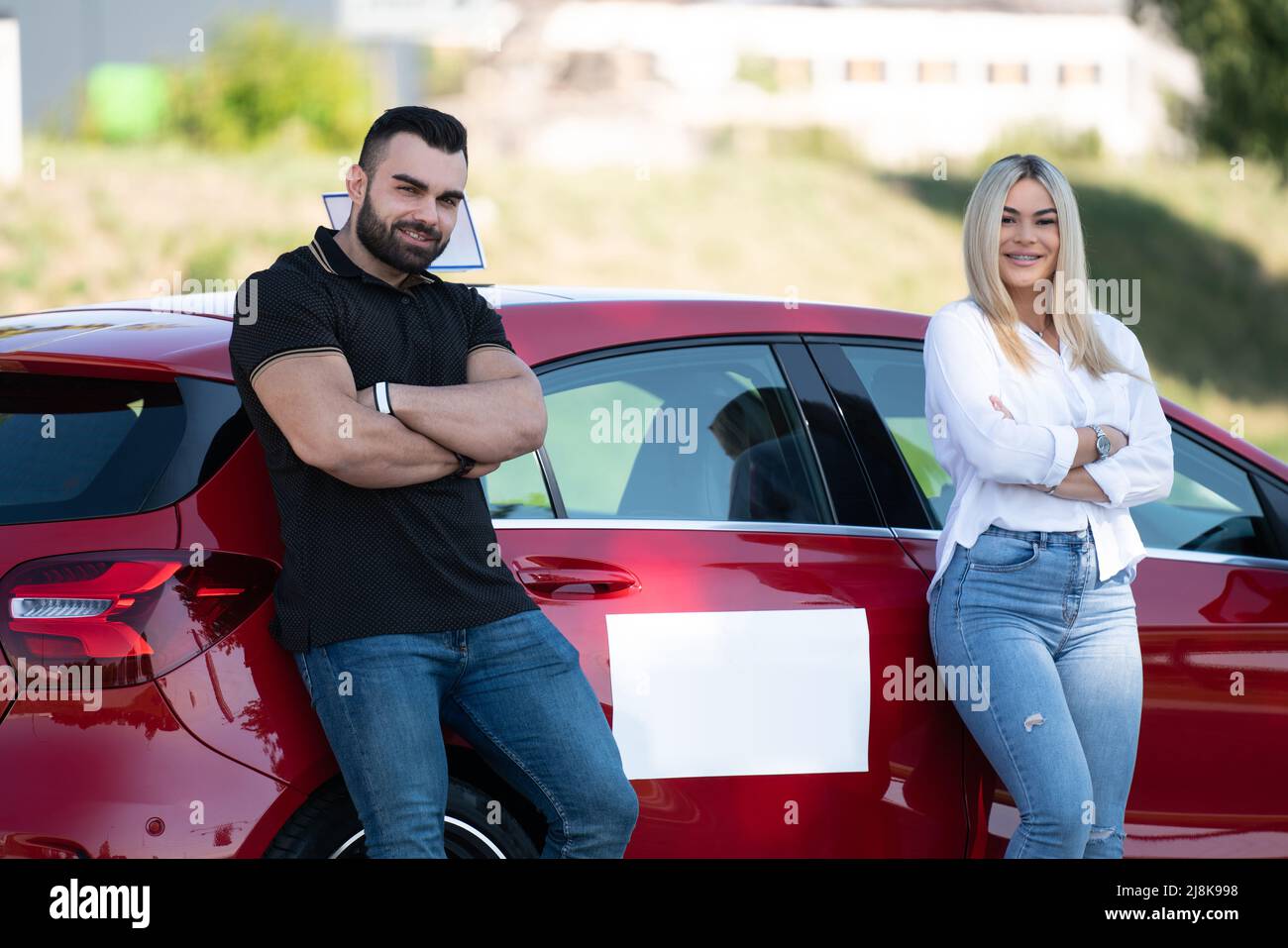 Driving Instructor and Female Student in Examination Car Testing ...