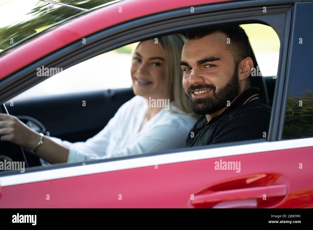 Driving Instructor and Female Student in Examination Car Testing ...