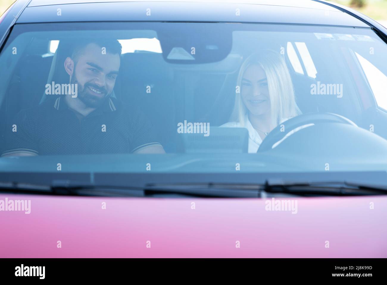 Driving Instructor and Female Student in Examination Car Testing ...