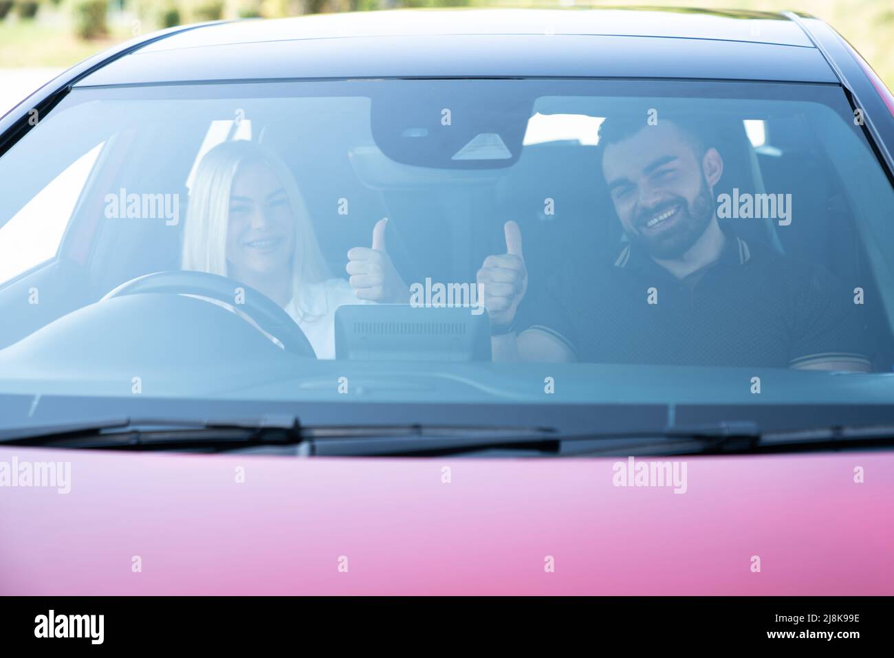 Driving Instructor and Female Student in Examination Car Testing ...