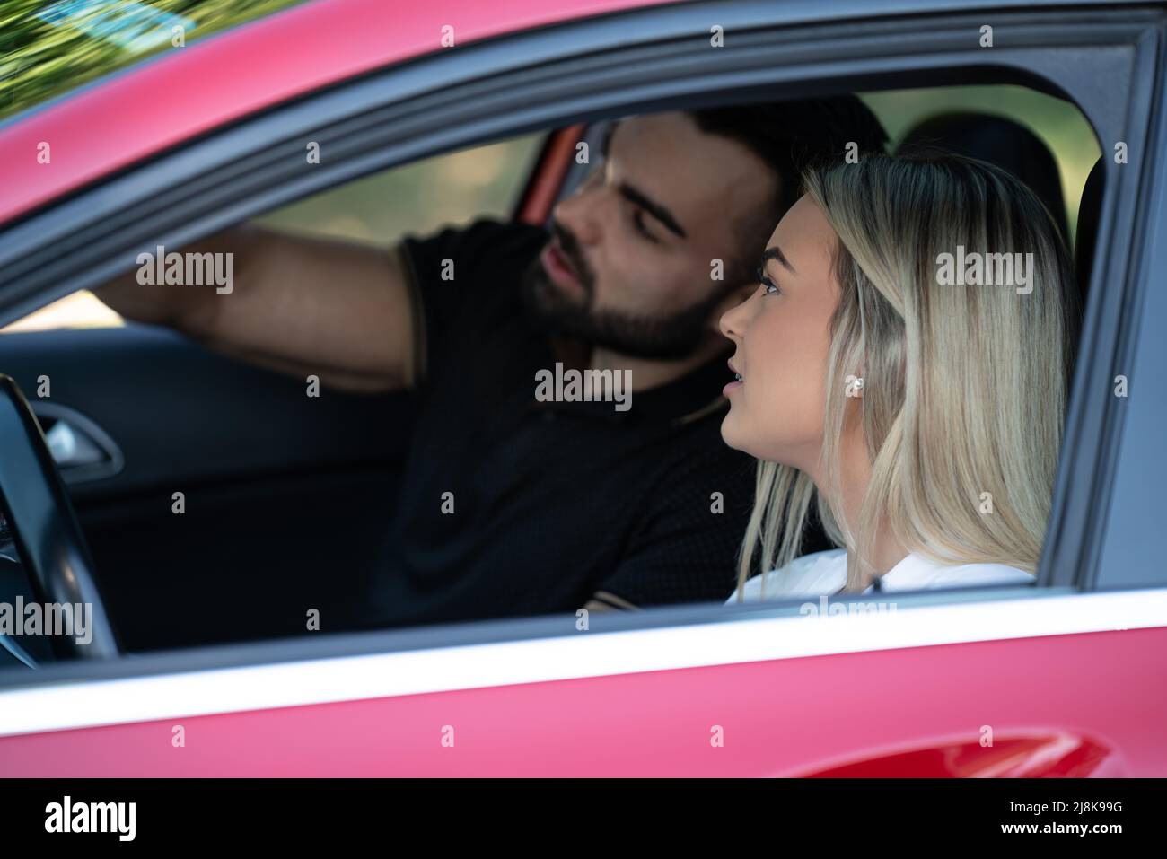 Driving Instructor and Female Student in Examination Car Testing ...