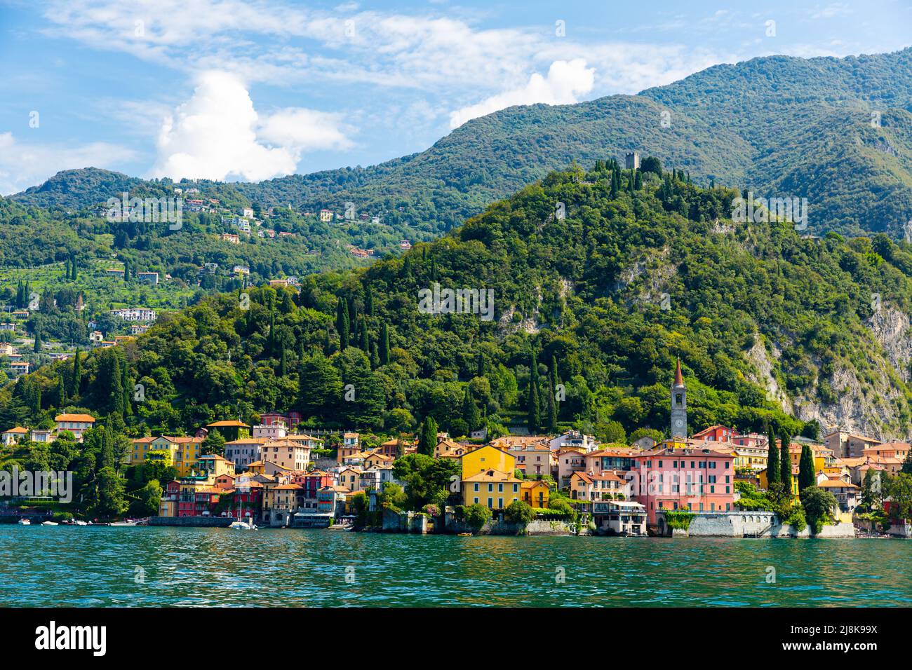 Landscape with lake and mediterranean buildings, lake Como, Varenna ...