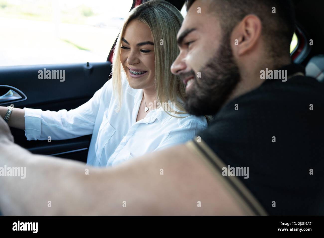 Driving Instructor and Female Student in Examination Car Testing ...