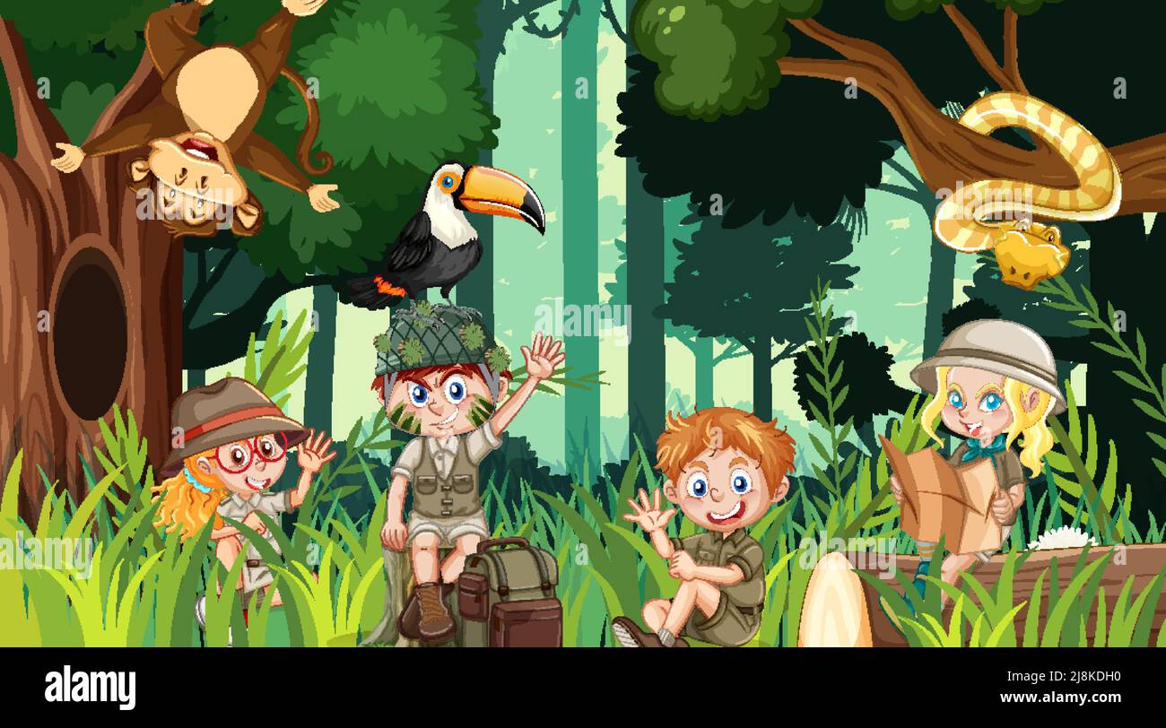 Children hiking in the forest illustration Stock Vector Image & Art - Alamy