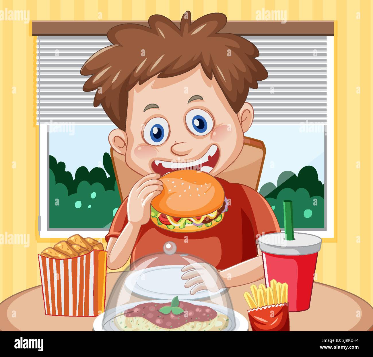 A boy eating junk food at the table illustration Stock Vector Image ...