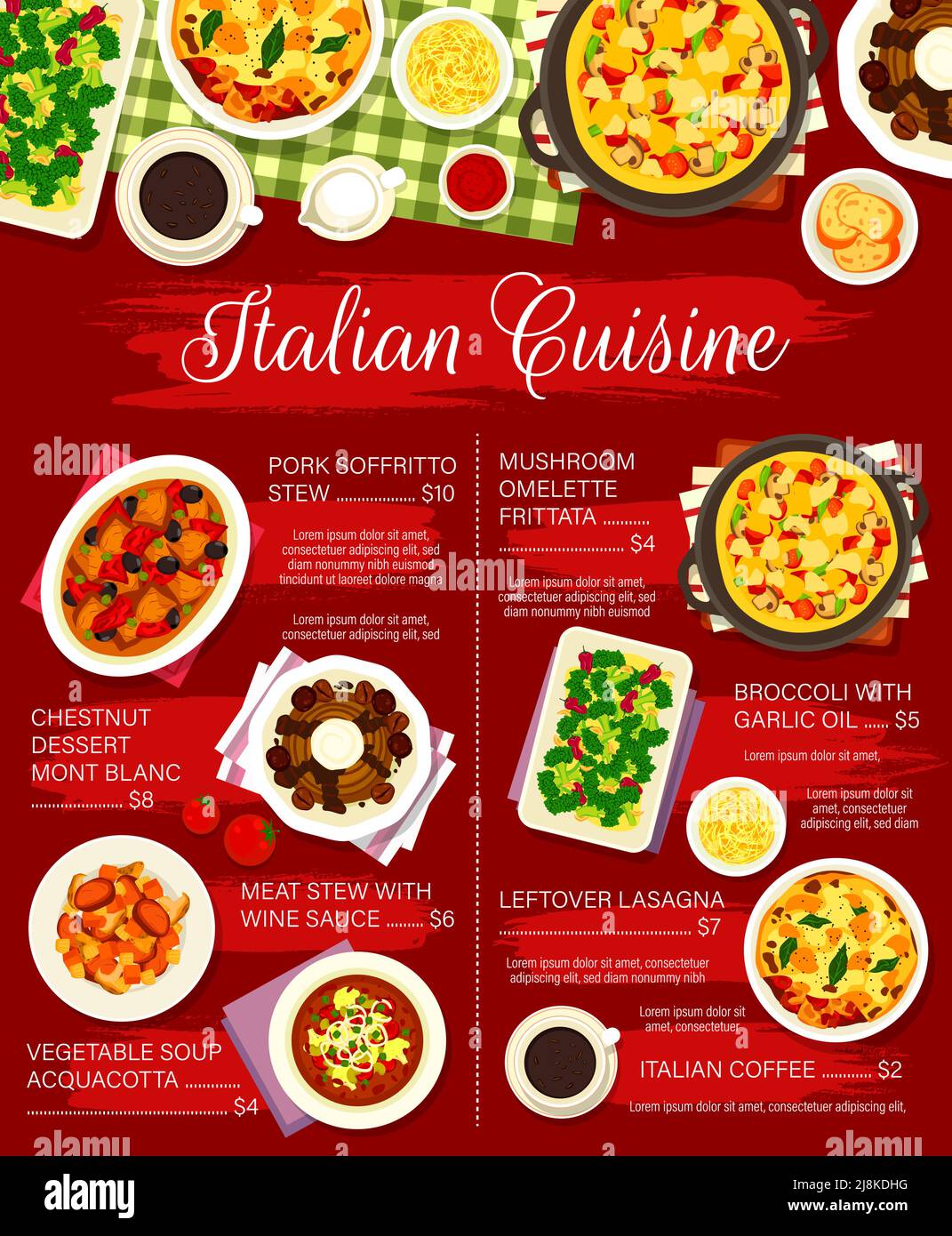 Italian cuisine meals menu. Soup Acquacotta, meat stew with wine sauce ...