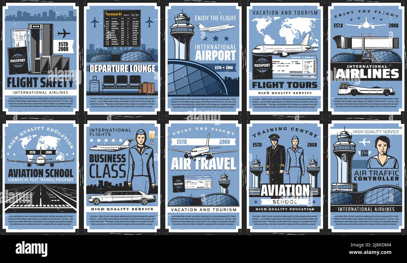 Aviation, air travel and airport vector posters. Plane or airplane on ...