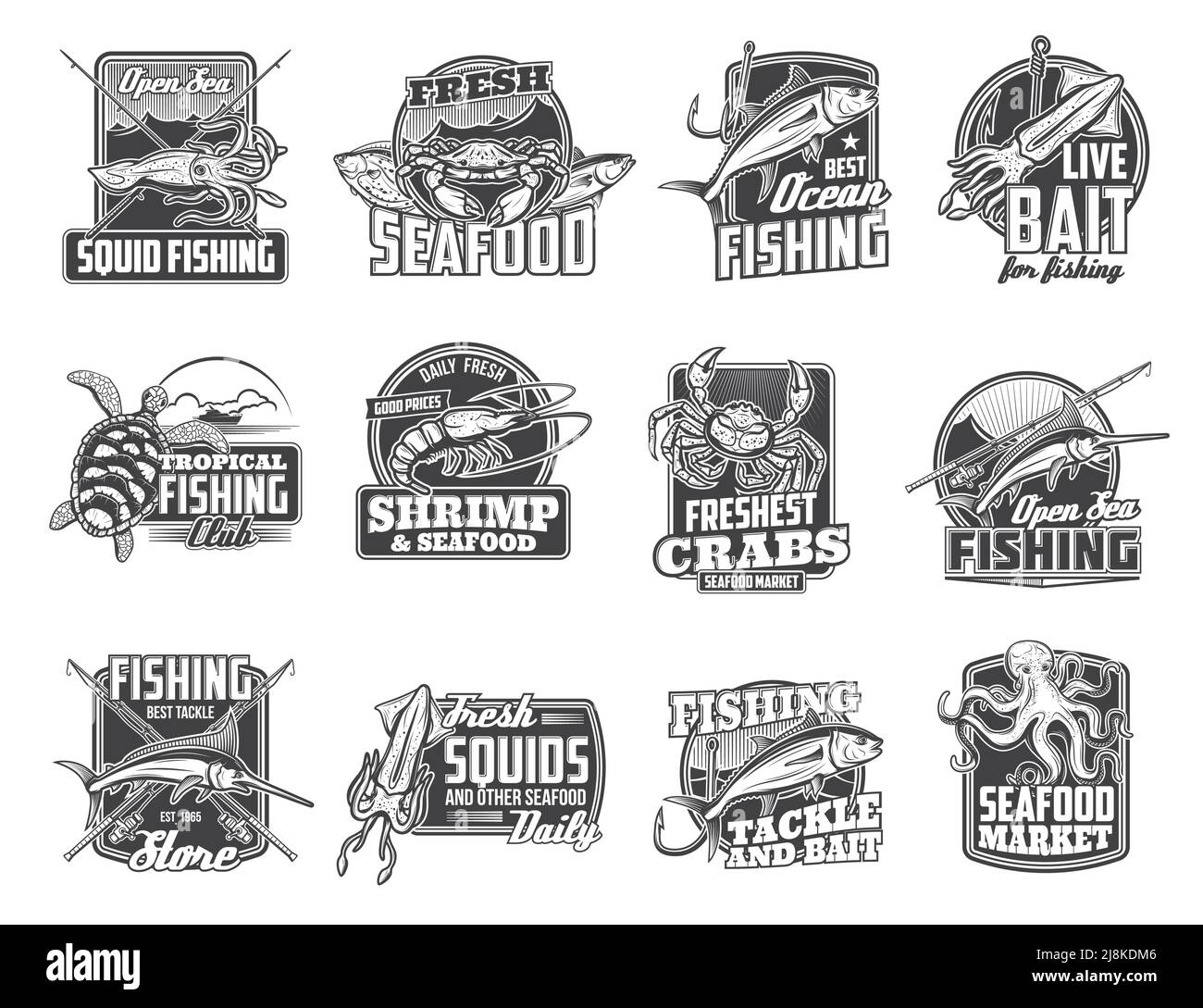 Sea fishing and seafood market isolated vector icons. Fisher tackle for ...