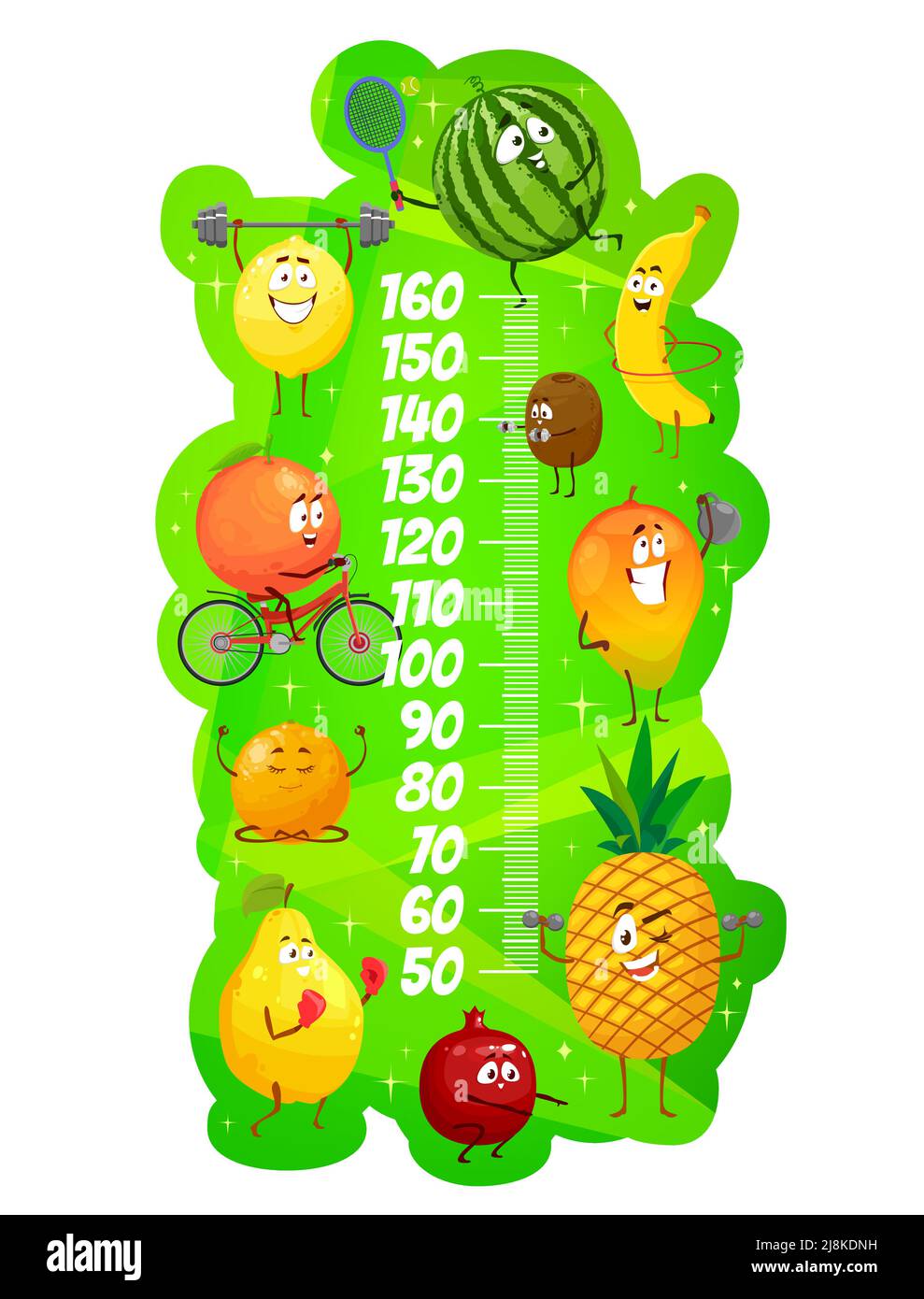 Kids height chart funny fruits growth meter. Vector wall sticker with ...