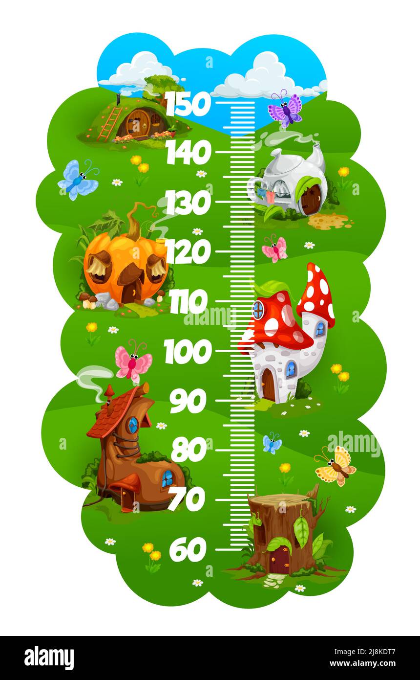 Kids height chart ruler with cartoon village of gnome or elf houses ...