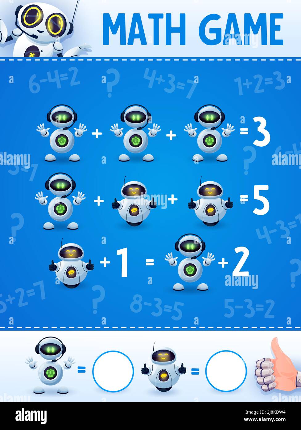 Cartoon robots and droids on math game worksheet. Education maze, kids ...