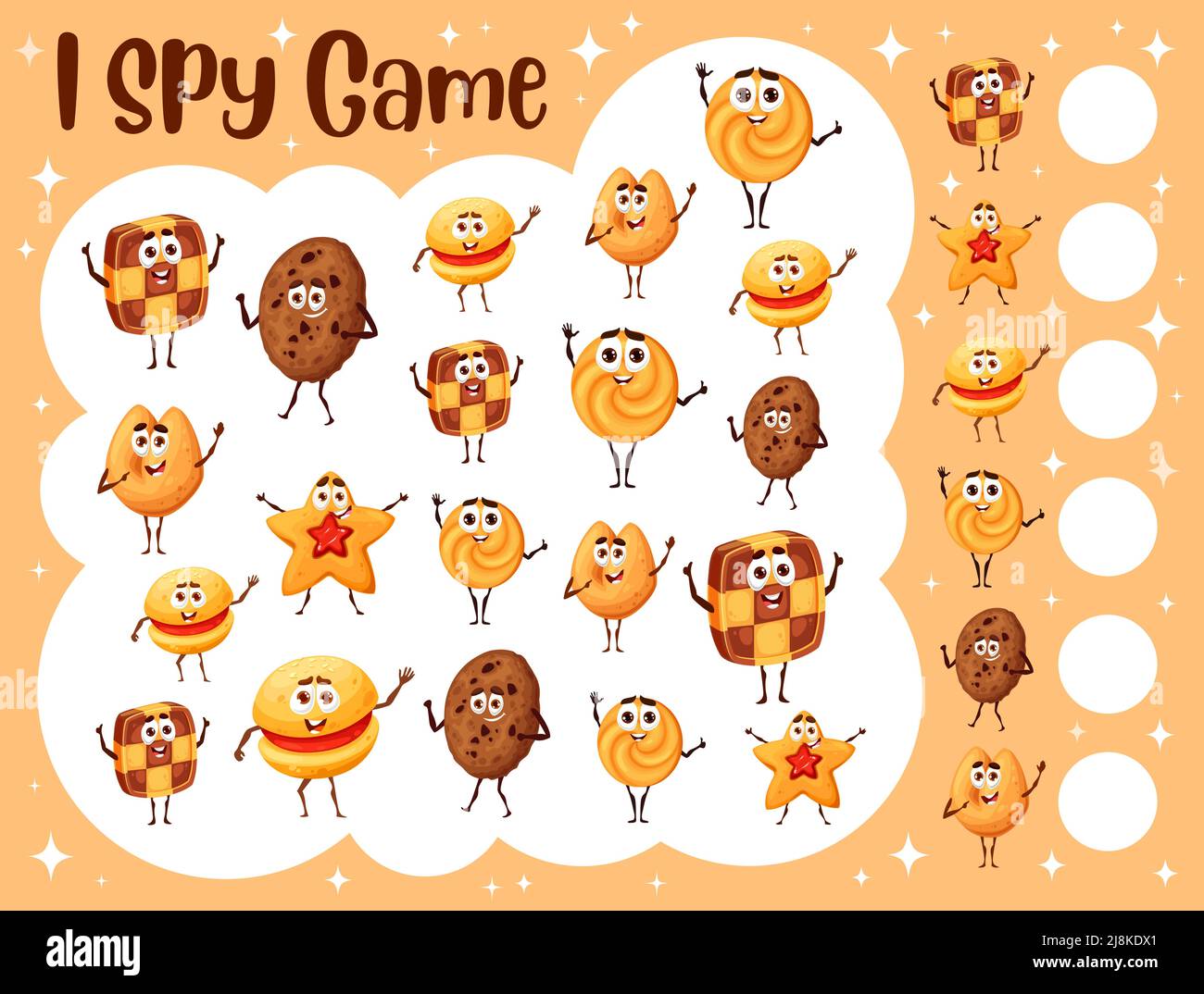 I spy game worksheet. Cartoon bakery and cookies characters. Child ...