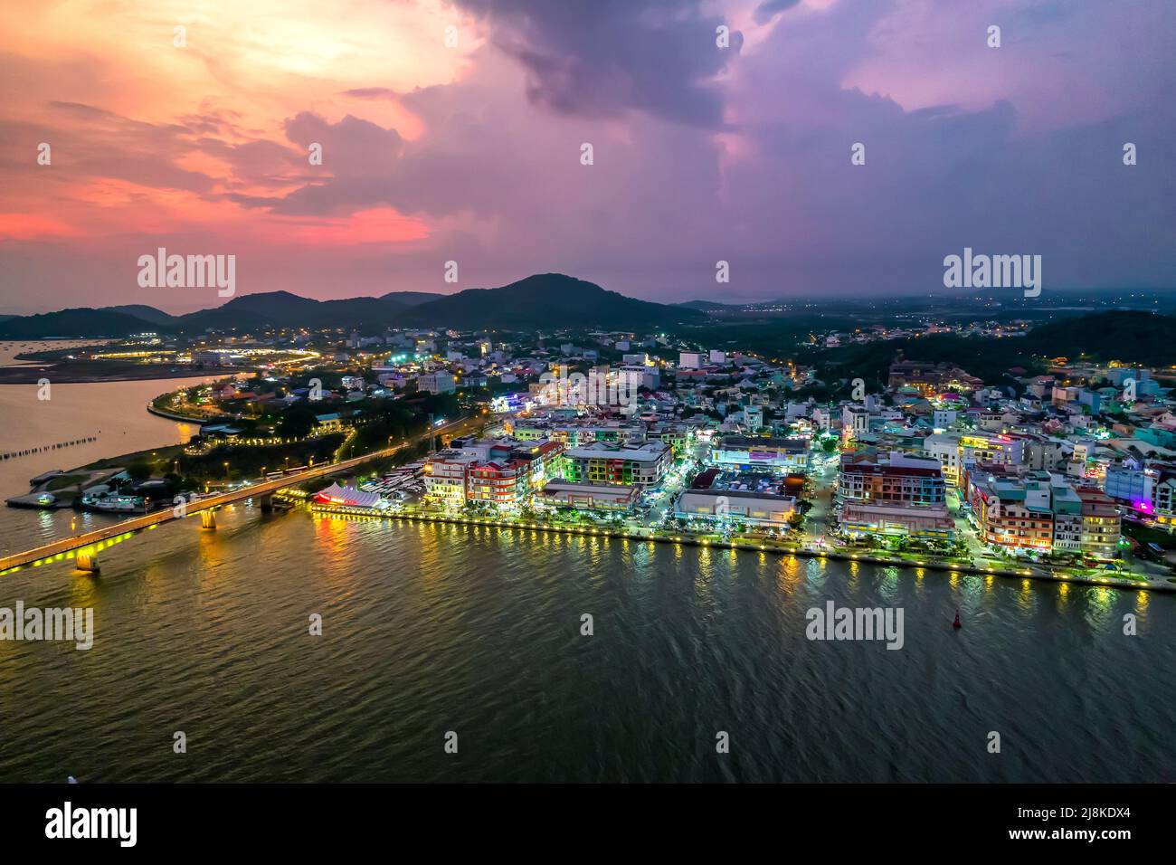 Aerial View of night Ha Tien town, Kien Giang, Vietnam, this is central ...