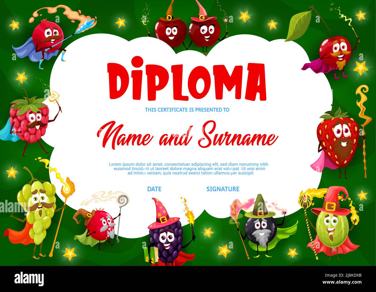 Kids diploma. Cartoon berry wizard, mage and fairy characters ...