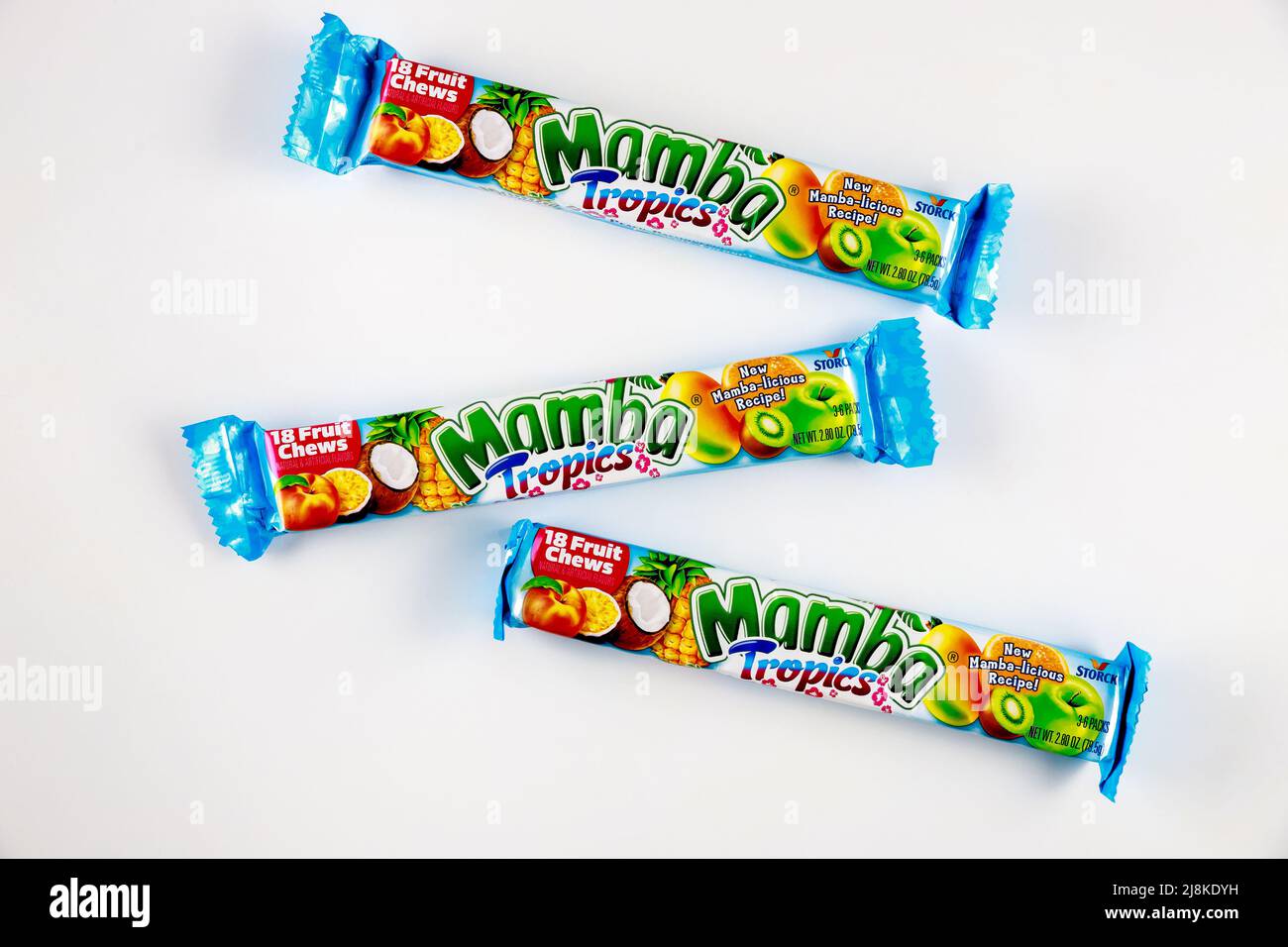 Top view of Mamba individually wrapped chewy candy with tropics flavors ...