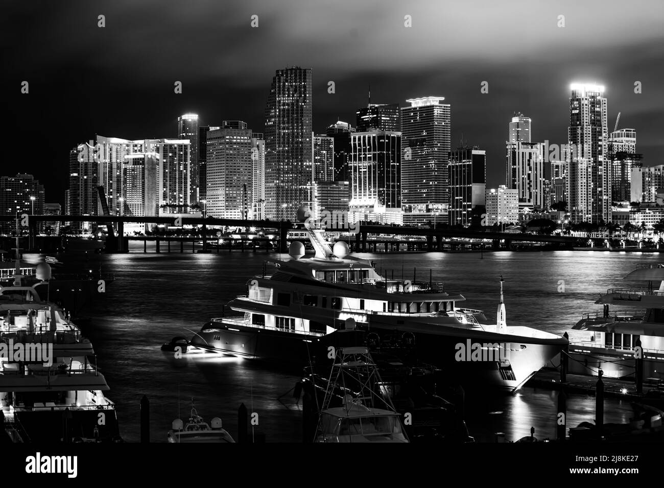 Port Miami Florida. Miami Florida at sunset, skyline of illuminated ...
