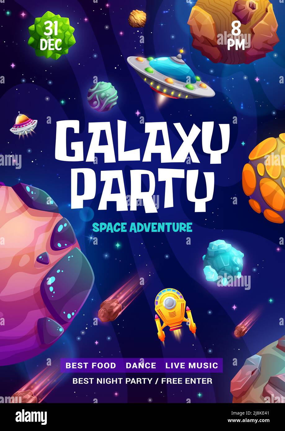 Galaxy party flyer, space adventure cartoon poster, invitation to music ...