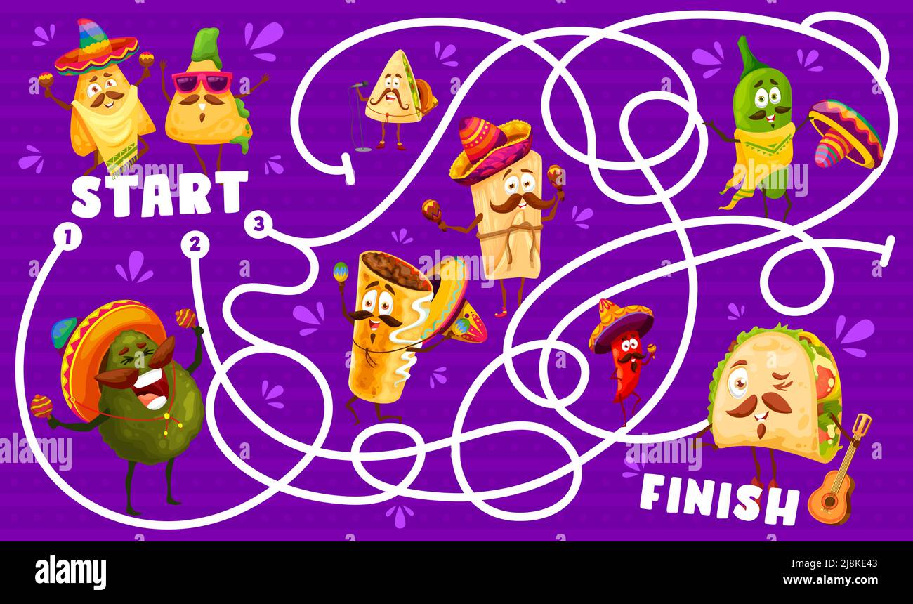 Cartoon mexican food characters labyrinth maze riddle. Cartoon vector ...