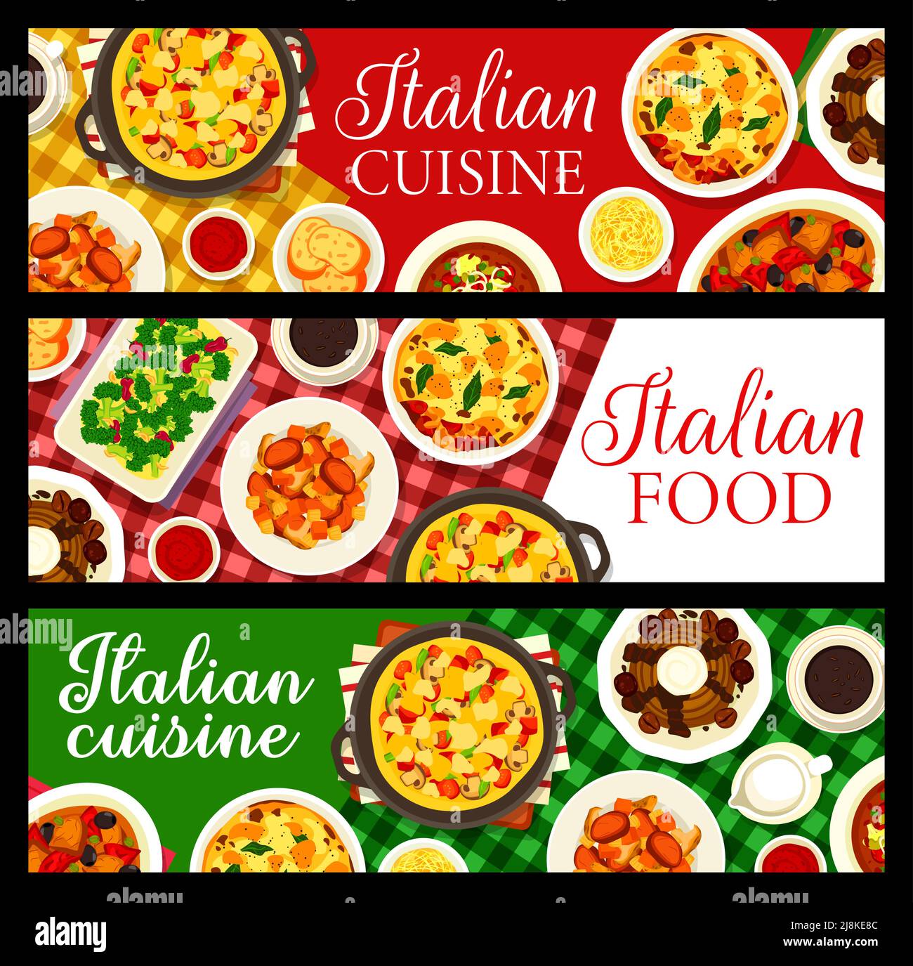 Italian cuisine restaurant banners. Meat stew with wine sauce, soup ...