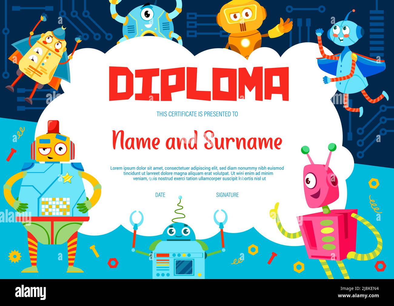 Kids diploma. Cartoon funny robots. Education achievement celebration ...