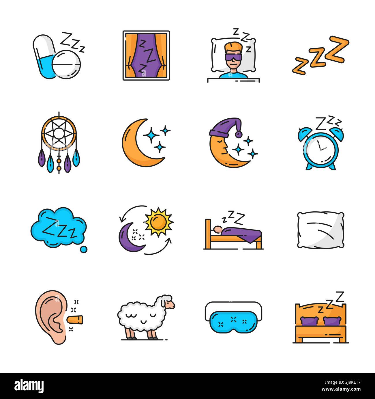 Color sleep icons, isolated vector outline signs dormitive pills ...
