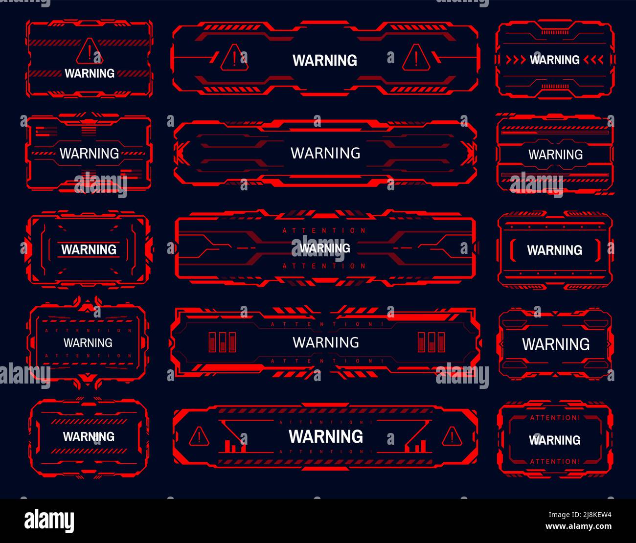 Warning, attention, alert, caution and danger zone red frames. HUD interface danger warning ...
