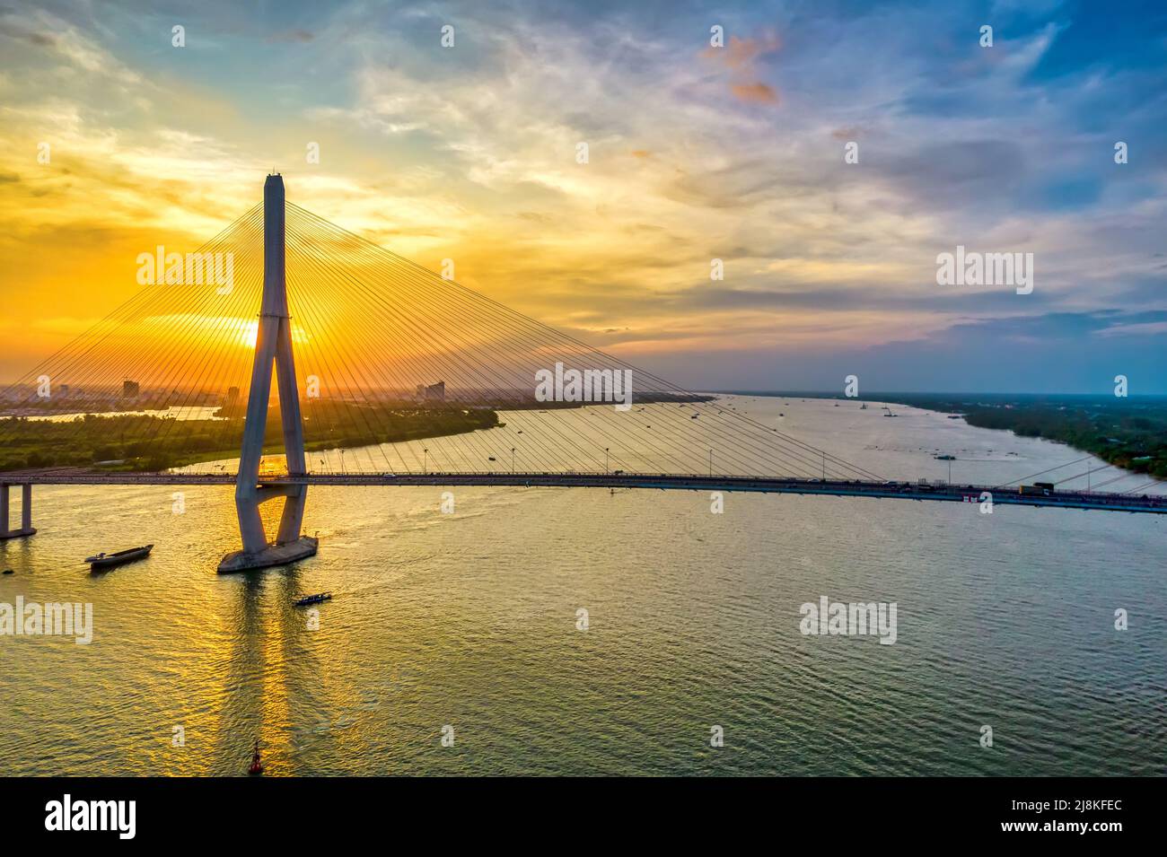 Can Tho bridge, Can Tho city, Vietnam, aerial view sunset sky. Can Tho ...