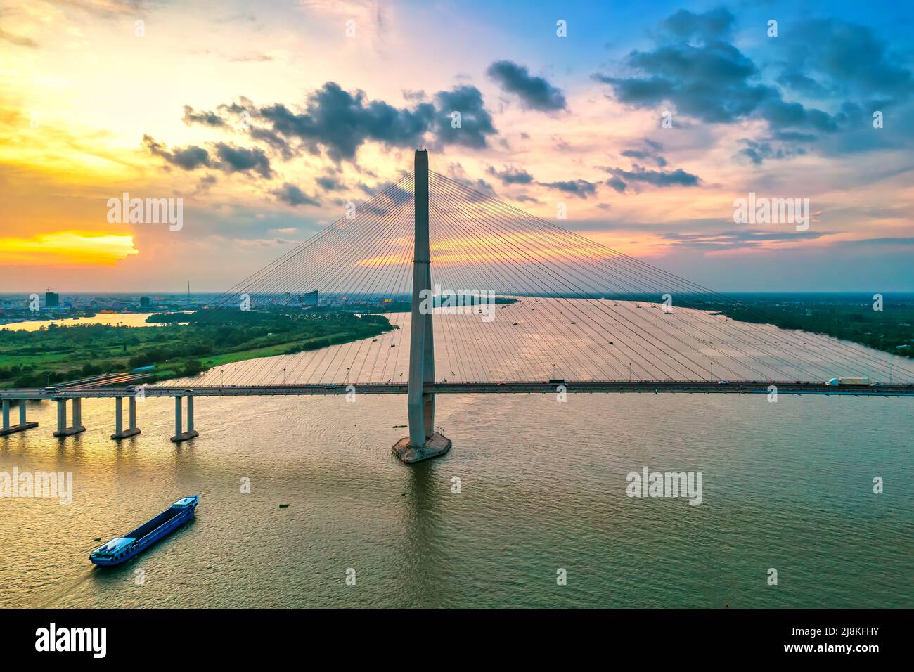 Can Tho bridge, Can Tho city, Vietnam, aerial view sunset sky. Can Tho ...